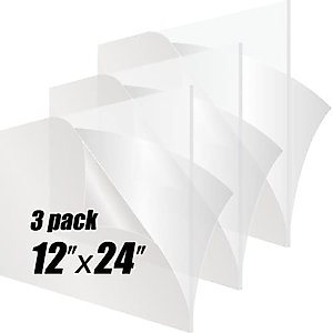 3 Pieces Acrylic Sheet/Plexiglass Panel 12" x 24" x 1/8" Thick Cast, Pinziren 3mm Clear Plexi Glass Plastic Board for Craft Projects, Wedding Blank, Cut to Sign, Business Signage.12x24