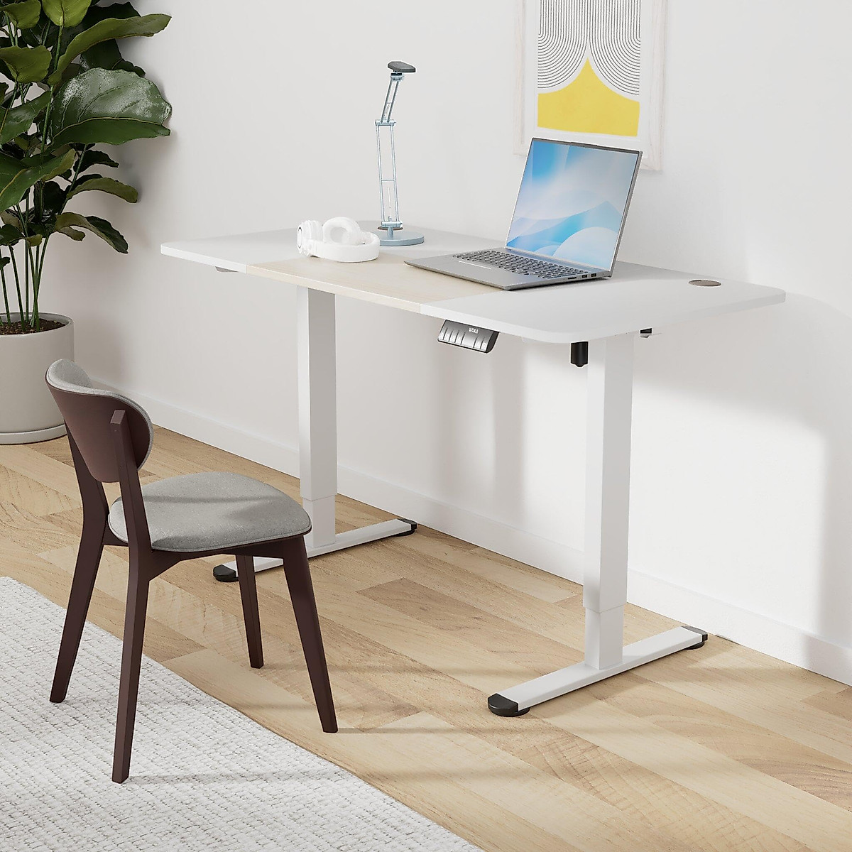 WOKA 55 x 28 Inch Electric Standing Desk, Height Adjustable Stand Up Desk, Sit Stand Desk with Memory Controllers, Adjustable Desk for Home Office with White and Oak Top and White Frame