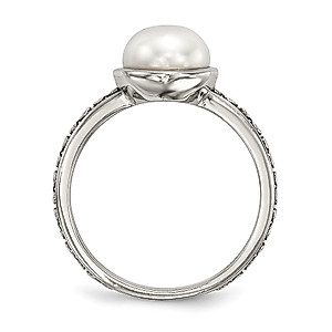 Solid 925 Sterling Silver Stackable 14k Yellow Gold Stackable Vintage Antiqued 8mm Button Freshwater Cultured Pearl Set of 3 Engagement Rings Size 7