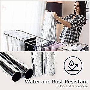 Foldable Premium Clothes Drying Rack, Large 2- Layer Stainless Steel Drying Rack for Sheets, Towels & Clothing Including 33 Hanging Rails, Height Adjustable and 32 Clips for Socks & Underwear - Blue