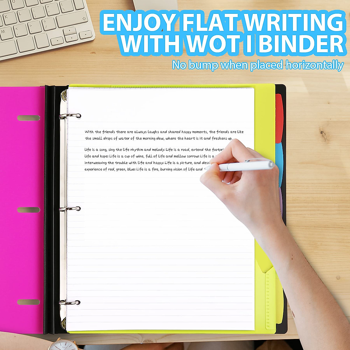 WOT I All-in-one Telescoping Binder Notebook, Refillable 3 Ring Binder with Customized Front Cover+Catalog Back Pocket+5 Subject Dividers+Movable Pocket Folder+60 Sheets Notepaper, Pink