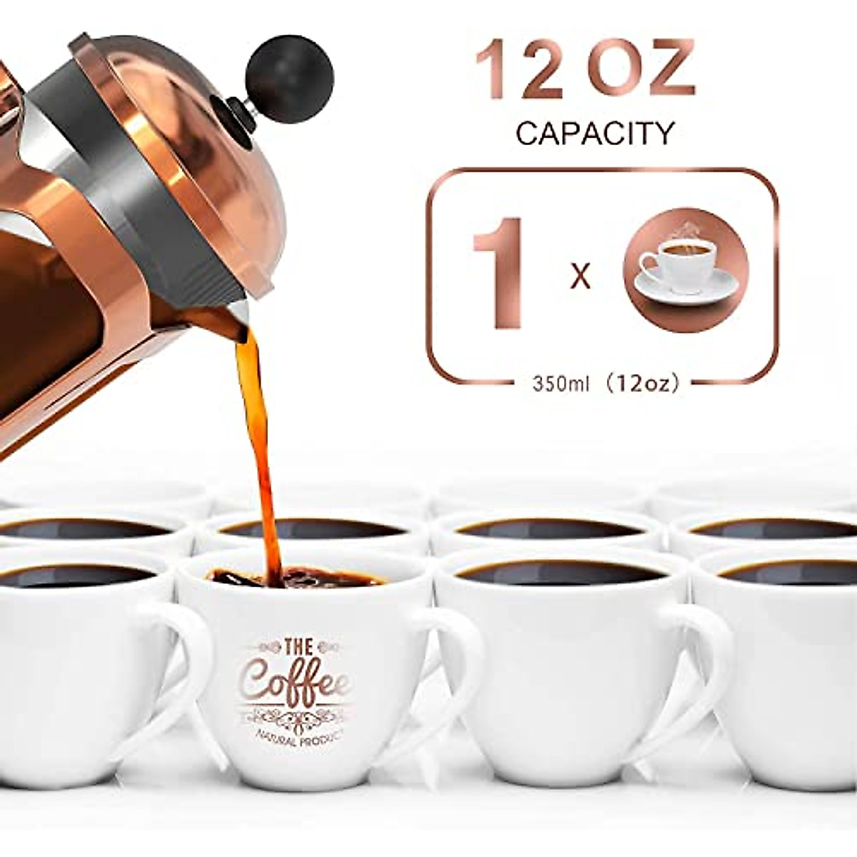 EAXCK French Press Coffee Maker, Stainless Steel Small French Press 12 oz Glass 4 Level Filtration System, Durable Heat Resistant Borosilicate Coffee Presser Single Cup