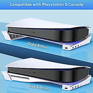 FASTSNAIL Horizontal Stand for PS5 with 4 USB Extension, Cabinet Console Laydown Holder with Charging Data USB Hub, Accessories Stand Compaitble with Playstation 5 Disc & Digital Edition Console