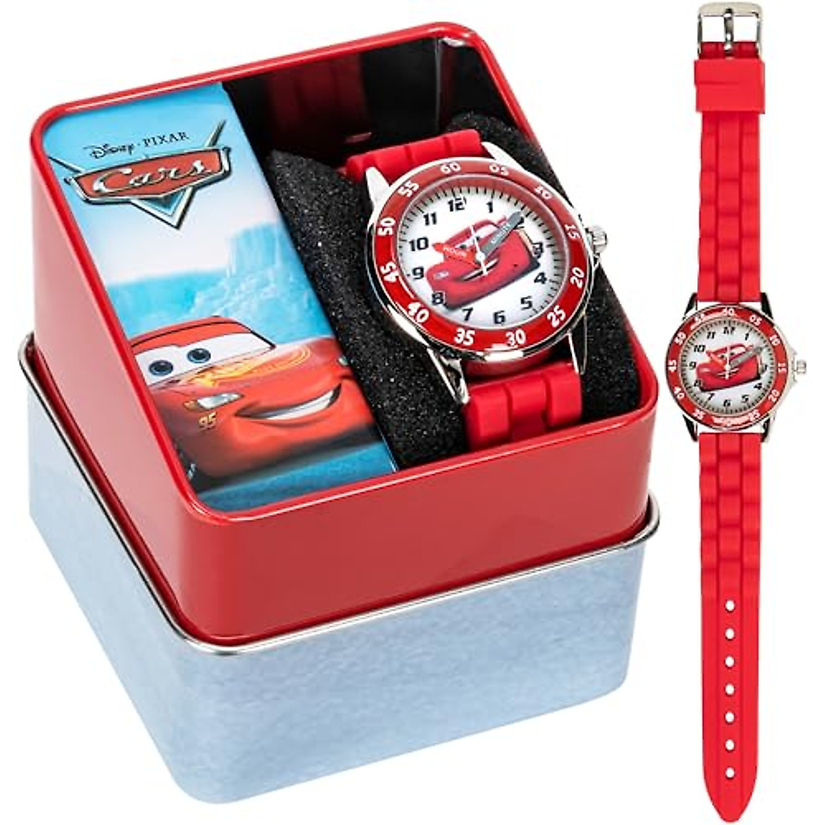 Disney Pixar Cars Kids' Time-Teaching Watch – Lightning McQueen Design with Red Silicone Strap, Easy-to-Read Dial, and Adjustable Fit for Wrists 5.5" to 8"