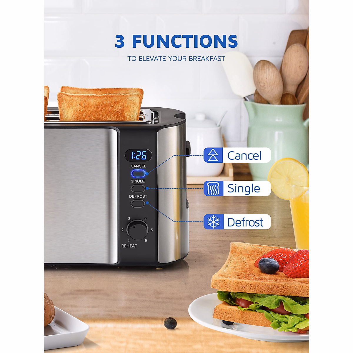 DyBaxa Stainless Steel Toaster 4 Slice Smart LED, Toaster 2 Slice Long Slot, 4 Slice Toaster Wide Slot for Bagel Sourdough Artisan Croissant Muffin, 6 Browning Control, Warming Rack, Crumb Tray