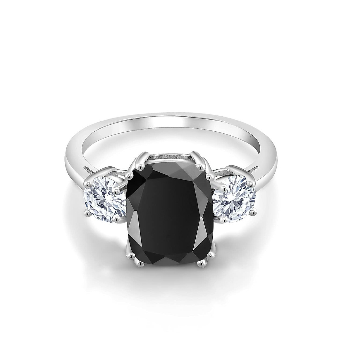 Gem Stone King 925 Sterling Silver Black Onyx and White Moissanite 3 Stone Ring For Women (3.39 Cttw, Cushion Cut 10X8MM, Round 4.5MM, Gemstone, Available In Size 5, 6, 7, 8, 9)