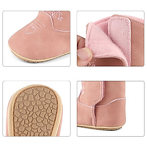 ESTAMICO Baby Girls Boots Embroidery Western Cowgirl Booties Non Slip Warm First Walking Shoes, Pink 6-12 Months