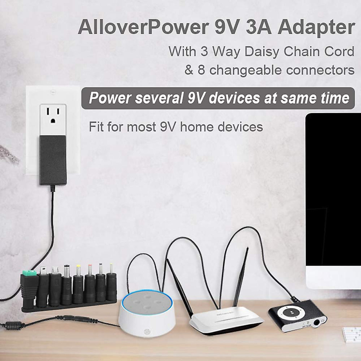 9V 3A Power Cord Adapter Supply Universal 27W Wall Charger with 8 Tips for Video Camera Monitor Speaker Tablets Recorder Router Arduino Schwinn Elliptical Exercise Bike Medela Pump