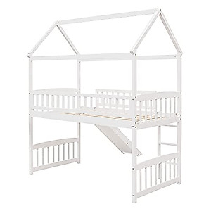BOVZA Twin Size House Loft Bed with Convertible Slide and Ladder, Wood House Loft Bed with Roof and Safety Guardrails for Kids Boys Girls Bedroom, White