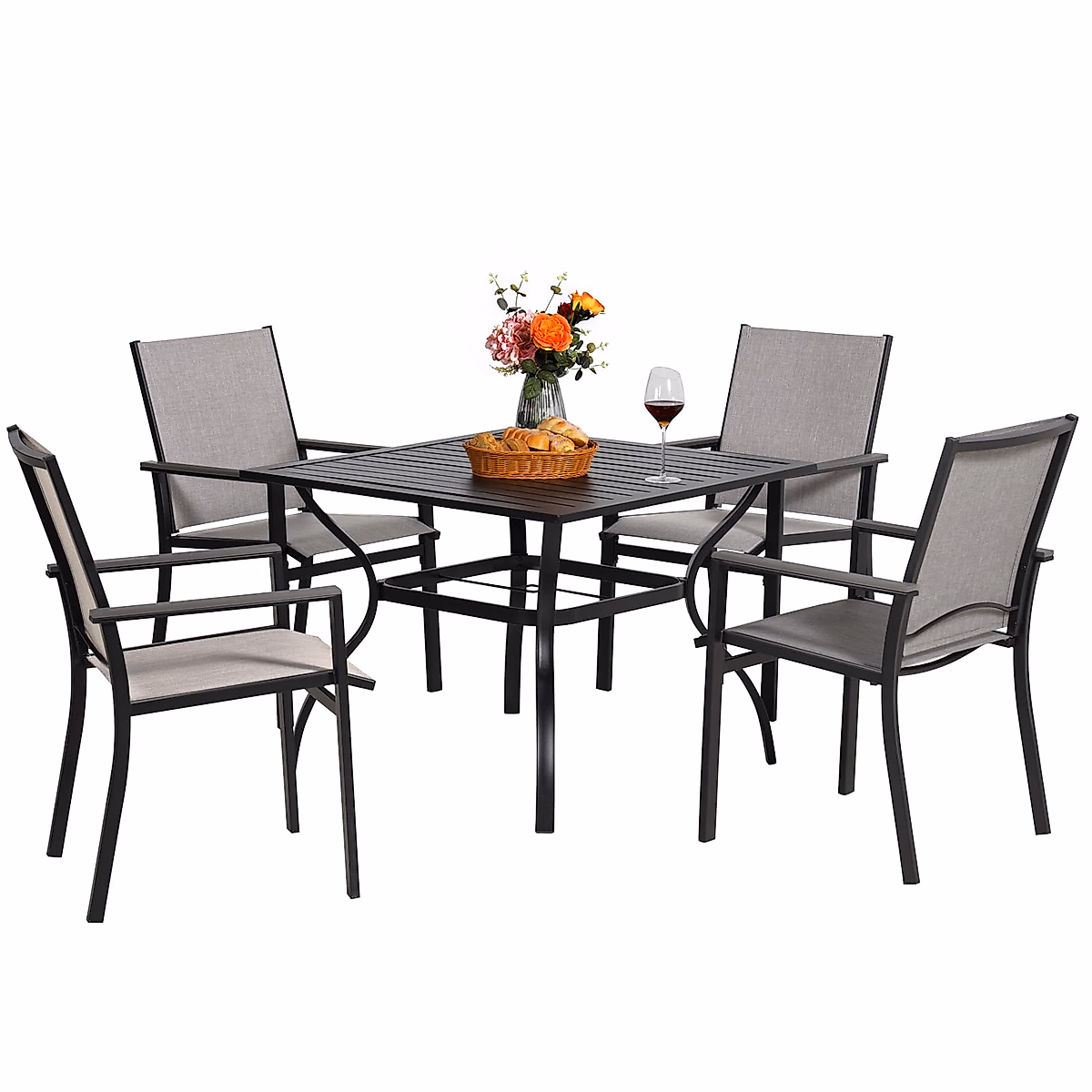 bigget 5-Piece Patio Outdoor Dining Set of 4 Chairs Textilene Breathable Fabric& Wrought Iron Desk Square Metal Table w/ 1.57" Umbrella Hole Furniture Set for Garden Yard Porch Deck Bistro