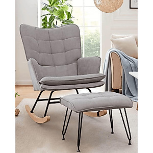 HOMMOW Nursery Rocking Chair with Ottoman, Comfortable Fabric Rocker Glider Chair with High Backrest,Grey Armchair Comfy Side Chair for Nursery Bedroom Living Room