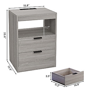 ADORNEVE Nightstand with Wireless Charging Station and LED Lights, Grey Night Stand with 2 Drawers and Open Storage for Bedroom, Bedside Table with Pull-Out Shelf, Modern End Side Table