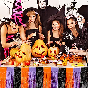 Jexine 6 Pack 9.84 ft Halloween Day Table Skirts Happy Halloween Table Foil Fringe Orange Purple Black Tinsel Table Skirt Metallic Fringe Table Decorations for Tables Supplies(Purple, Orange, Black)
