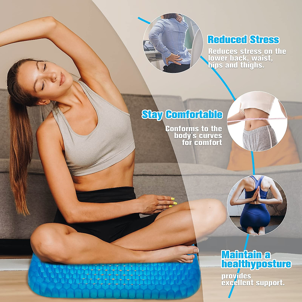 GHEMYULP Gel Seat Cushion,Office Chair Car Wheelchair Seat Cushion for Long Sitting,Cooling Seat Cushion Honeycomb Design with Non-Slip Cover,Pressure Relief(Arc:16.5 x 15.0 x 1.9 inches)