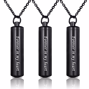 Decor Urns 3 Pack Cylinder Urn Necklaces for Ashes for Women, Memorial Cremation Jewelry for Ashes for Men with Words: Forever In My Heart. Black Ashes Locket Pendant Keepsake with Funnel Kit & Bag