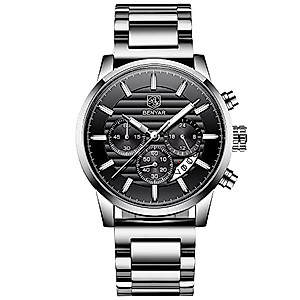 BY BENYAR Men's Watches,Stainless Steel Waterproof Watch for Men，Sport Military Multifunction Chronograph Quartz Wristwatches, Calendar with Leather Strap（Steel Black