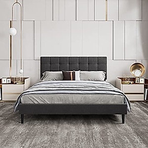 Zoophyter Upholstered Platform Full Size Bed Frame with Headboard No Box Spring Required Easy Assembly Dark Grey