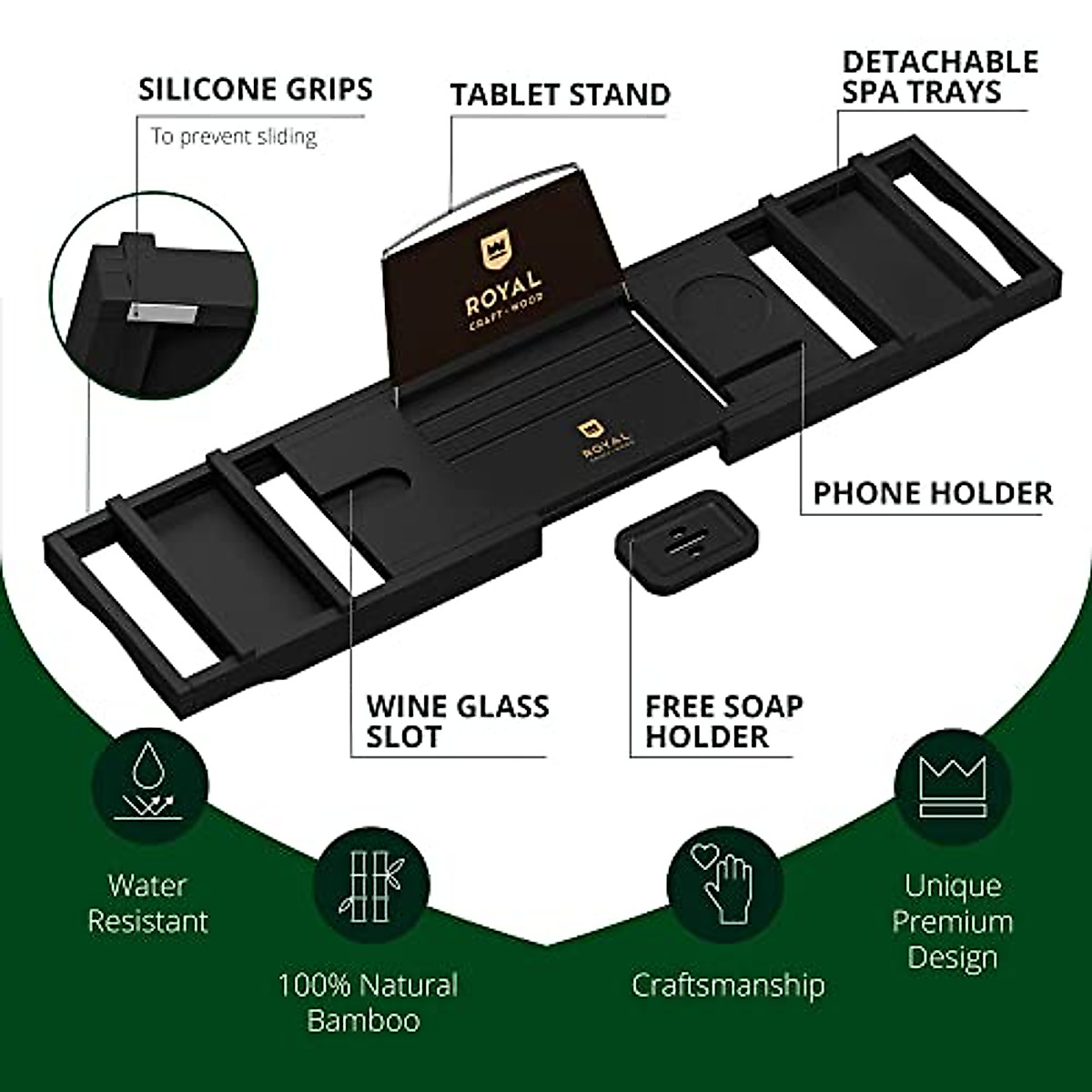ROYAL CRAFT WOOD Luxury Bathtub Caddy Tray, 1 or 2 Person Bath and Bed Tub Table with Extending Sides, Adjustable Organizer Tray for Bathroom - Free Soap Dish (Black)