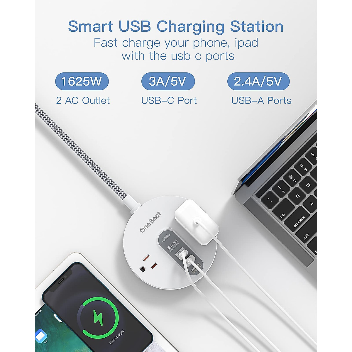 Power Strip Surge Protector with USB, Widely AC Outlet Extension Cord Flat Plug Desktop Charging Station