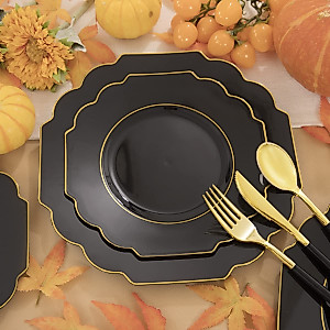supernal 60pcs Black Plastic Plates,Black and Gold Plates Baroque,Gold Plates Plastic,Include 30 Plastic Dinner Plates,30 Appetizer Plates,Suit For Party, Birthday, Wedding, Easter and Monther's Day
