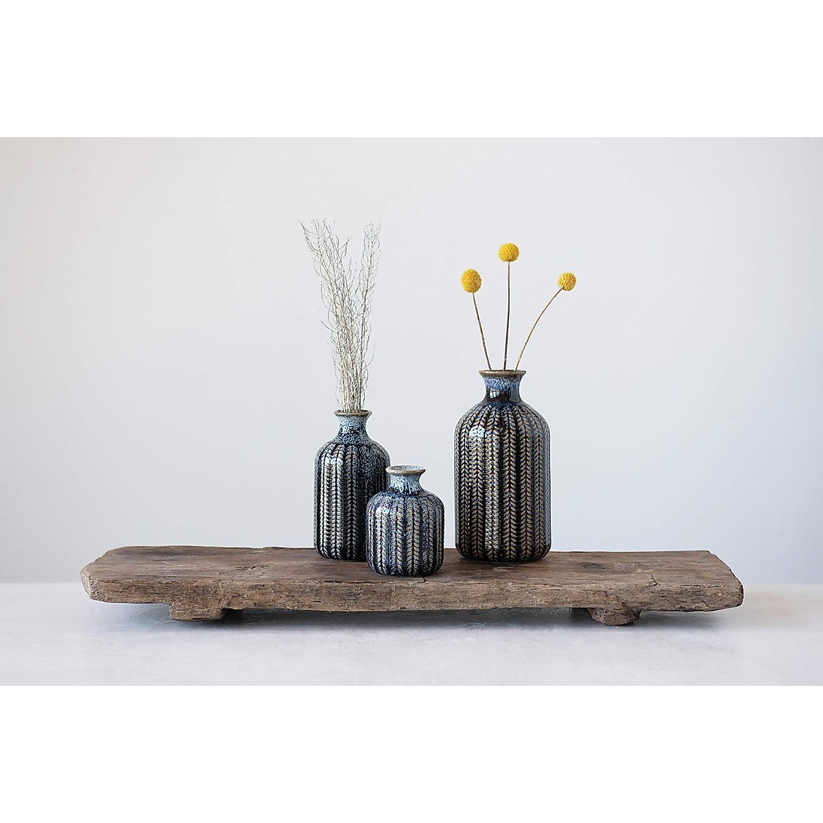 Embossed Stoneware Vase with Reactive Glaze Finish (Set of 3 Sizes) (DF3002)