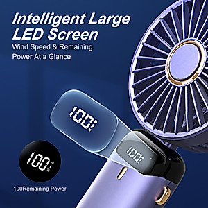 Portable Handheld Fan, Type-C Rechargeable, 4000mAh Battery Operated Fan with LED Display, 90° Foldable , 5 Speed Wind,Handheld/Neck/Desk 3 in 1 Personal Small Fan, Makeup Fan for Women (Purple)