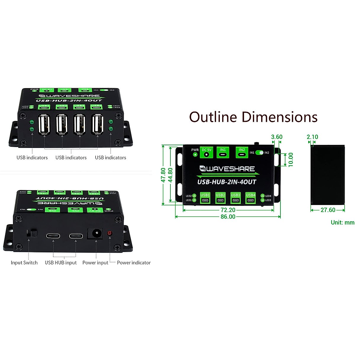 Industrial Grade USB HUB with 4X USB 2.0 Ports, Switchable Dual Hosts, Support Multi System Multi Protections ESD Protection TVS Diode Compatible with Linux, Windows 11/10 / 8.1/8 / 7 / XP
