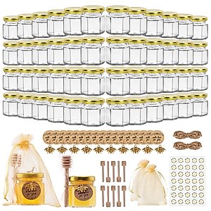 SZUAH 48 Pack 1.5 oz Mini Honey Jars with Dipper, Glass Hexagon Honey Jar for Wedding Favors, Empty Glass Jars for Party Favor