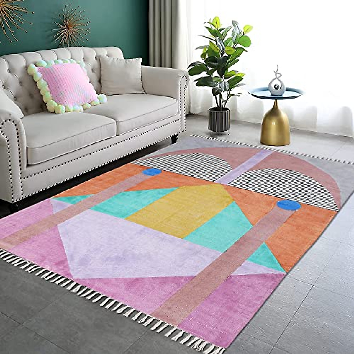 Casavani Indian Handmade Cotton Dhurrie Geometric Pink & Orange Area Rug Boho Kilim Flat Weave Rug Indoor Hall Room Decor Carpet Throw Rugs for Bedroom Living Room Bathroom Balcony 2x3 Feet