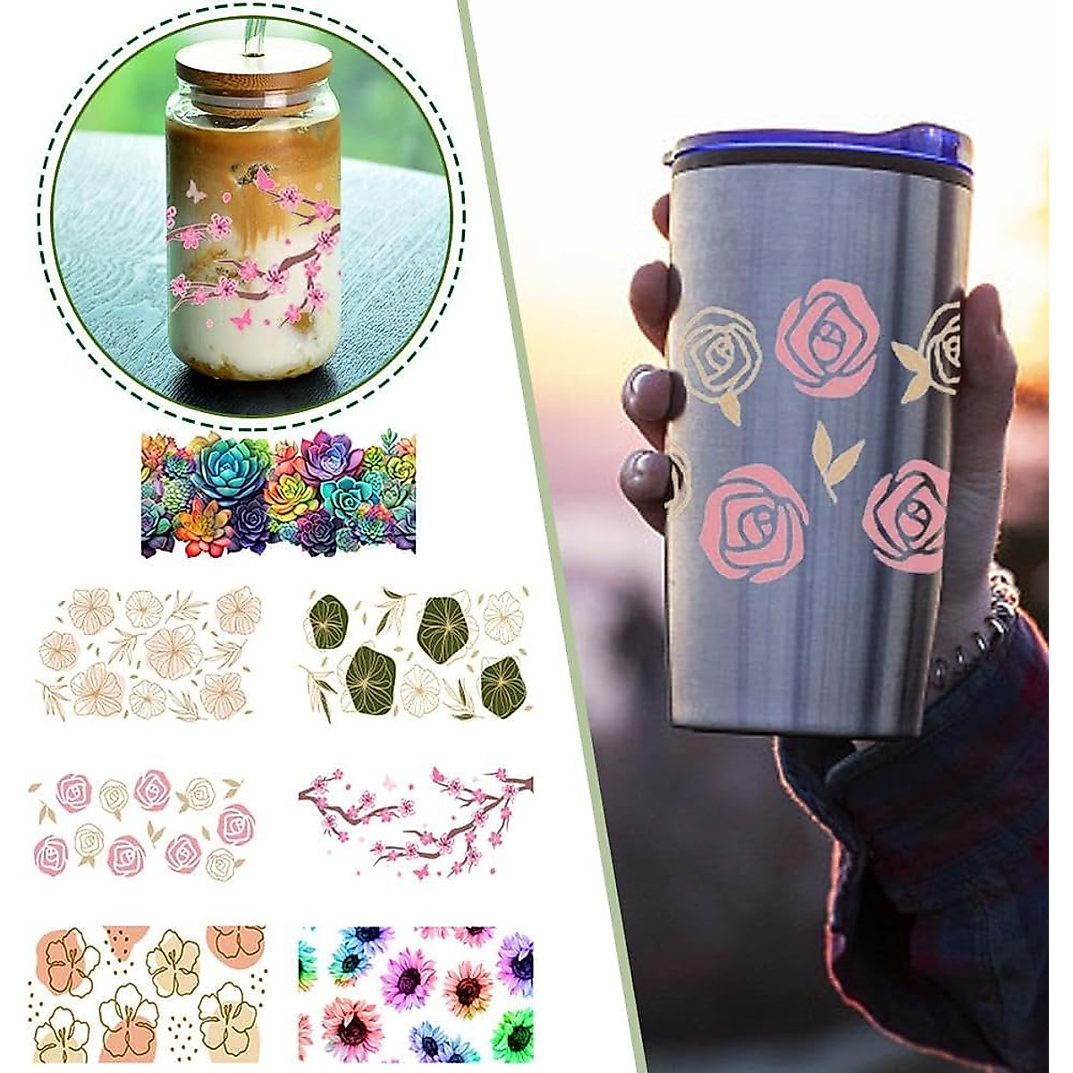 Cololful Succulents Theme Rub on Transfers Decals,UV DTF Transfer Waterproof Sticker Iron-on Transfers for Glass Coffee Cups,Vintage Cups Wrap Transfer Stickers Decals