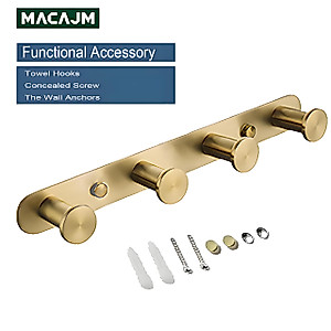 MACAJM,Towel Hook Rack Brushed Gold,10.2'' Row of Coat Hook with 4 Hooks,304 Stainless Steel Heavy Duty Wall Hook Rack for Living Room,Kitchen,Ect