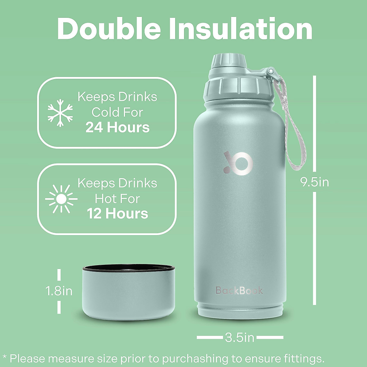 BackBook 32 oz Insulated Sports Water Bottle With 8 oz Storage Compartment, Double Wall Leak Proof Stainless Steel Bottle With 2 Lids for Sports and Travel, Cold and Hot Drinks, BPA-Free - Green