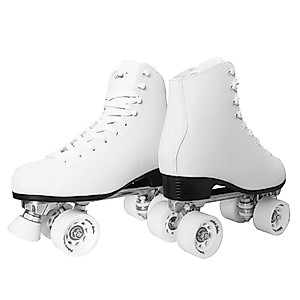 Roller Skates for Women with PU Leather High-top Double Row Rollerskates, Unisex-Adult Indoor Outdoor White Derby Skate Size 7 with Adjustable Fast Braking for Beginner
