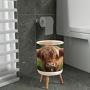 LGCZNWDFHTZ Small Trash Can with Lid for Bathroom Kitchen Office Funny Hairy Cow Highland Cattle Close up Garbage Bin Waste Basket Decorative 1.8 gallons, 14x9inch