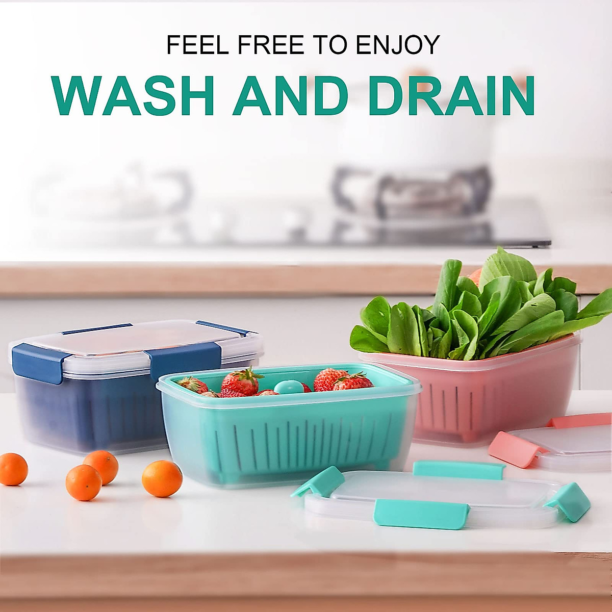 shopwithgreen 68oz Berry Keeper Container, Fruit Produce Saver Food Storage Containers with Removable Drain Colanders, Vegetable Fresh Keeper Set | Refrigerator Organizer