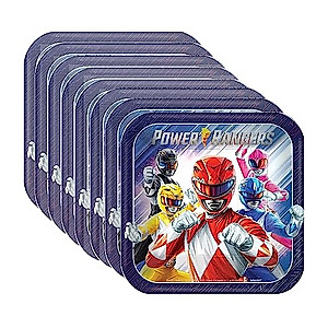 Power Rangers Birthday Party Supplies Bundle includes 16 Dessert Cake Paper Plates and 1 Dinosaur Sticker Sheet