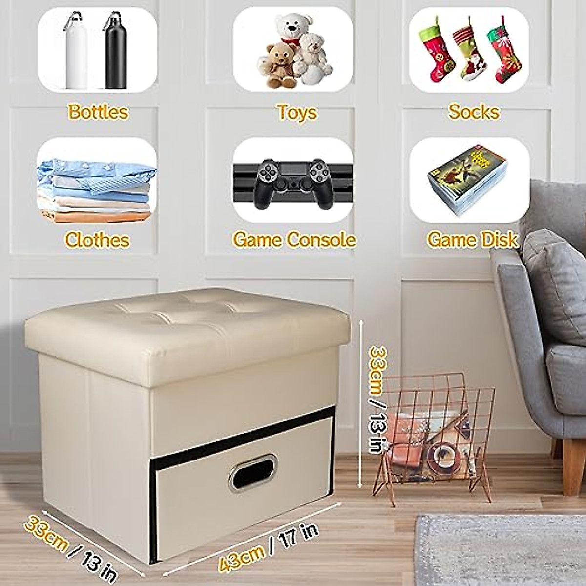 VewePata Folding Storage Ottoman with Drawers, 17 inch, Beige, Leather