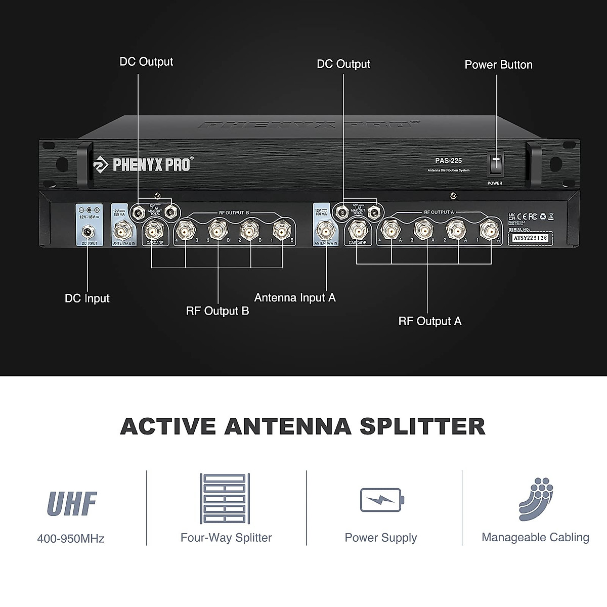 Phenyx Pro PAS-225X UHF Wireless Antenna Distribution System Bundle, Active Directional Antennas, 8 Outputs + 2 Cascade Ports, 160ft Long Coverage, for Stages and Live Shows