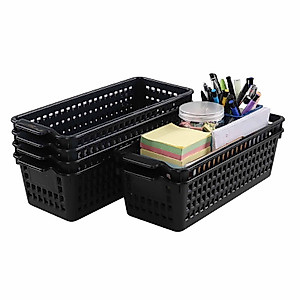 Bringer 6-Pack Slim Plastic Storage Baskets, Black Plastic Rectangle Storage Baskets