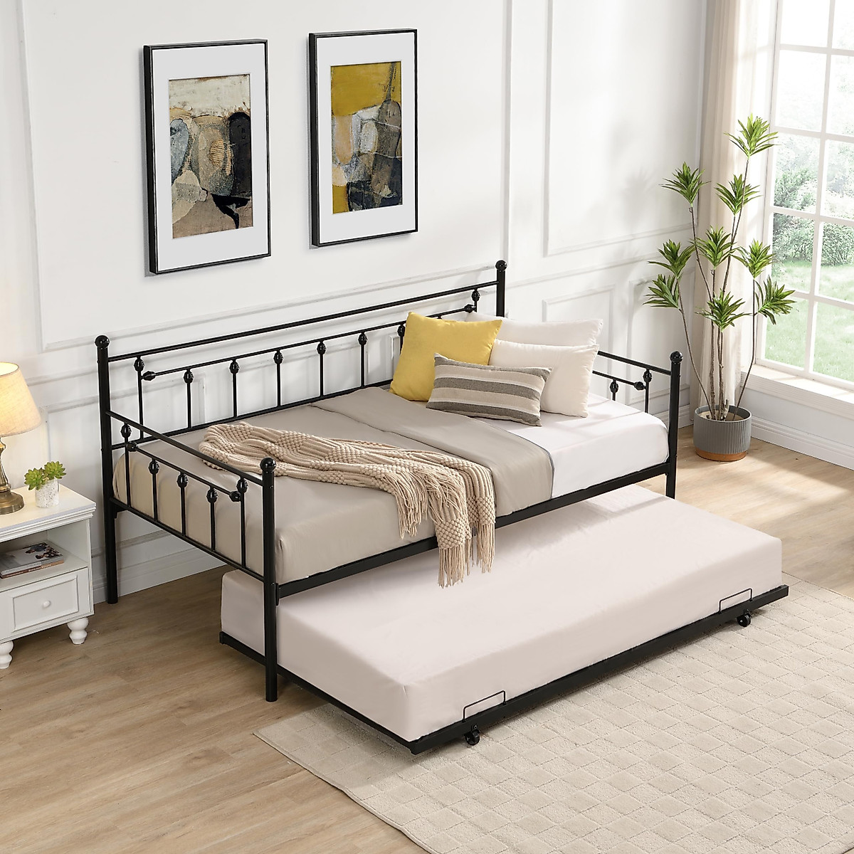 Haplized Twin Size Metal Daybed with Pull Out Trundle, Modern 2 in 1 Sofa Bed Frame for Kids Teens Adults,Single Daybed Sofa Bed Frame for Bedroom Living Room Guest Room,No Box Spring Needed