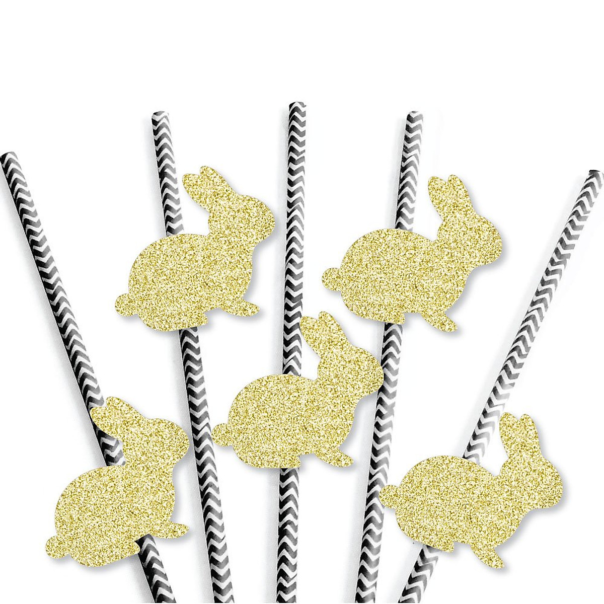 Gold Glitter Bunnies Party Straws - No-Mess Real Gold Glitter Cut-Outs & Decorative Easter Paper Straws - Set of 24