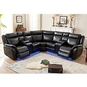 Comfort Stretch Sectional Recliner Sofa Set with LED Lights Power Reclining Couch Faux Leather Consoles Storage Boxes/USB Port/Cup Holders Living Room Furniture Home Theater Seating, Black