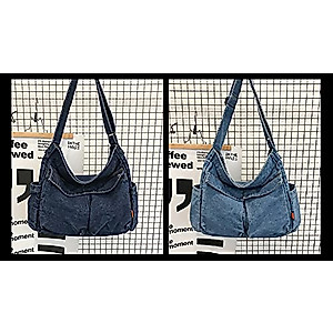 Single Color Denim Canvas Handbag Cross Body Shoulder Purse Bag Tote-Handbag with Pockets Daily Use Large Capacity for Women