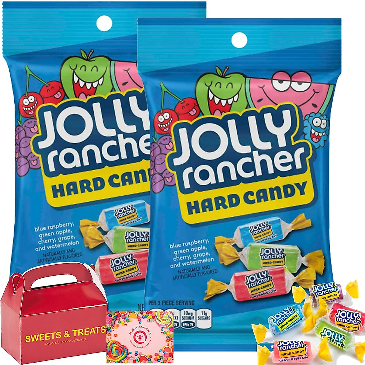 Original Jolly Rancher Hard Candy | Individually Wrapped Assorted Fruit Flavor - Blue Raspberry, Green Apple, Cherry, Grape, watermelon Cholesterol-free Fat-free Treat Box Included (2 Pack Bag)