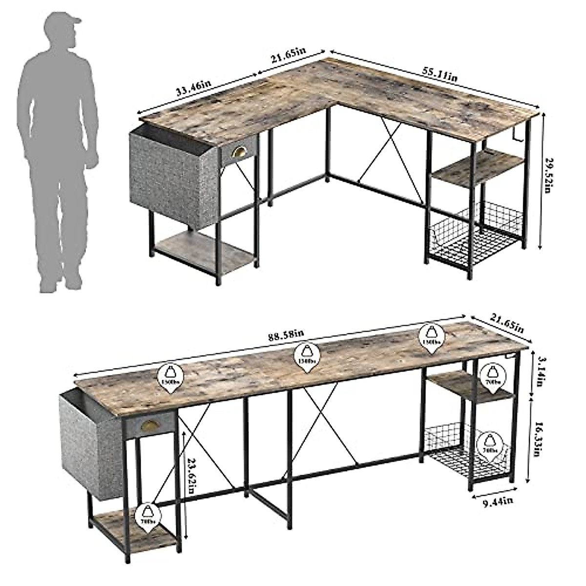 X-cosrack 88.5inch L-Shaped Computer Desk with Storage Shelves Drawer, Home Office Writing Corner Desk, 2 Person Long Desk PC Laptop Workstation with Hooks Storage Bag Cable Hole