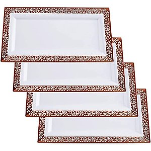 Yumchikel-Plastic Serving Tray & Platter Set (4pk) White & Rose Gold Lace Disposable Party Trays & Platters for Food - Weddings, Dessert Table, Cupcake display -14"x7.5" inches