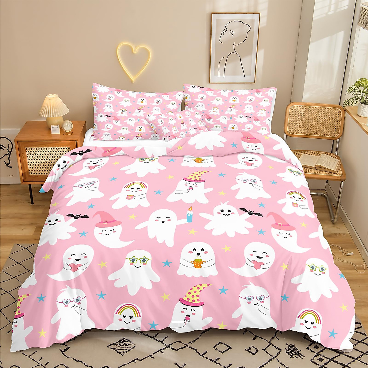 Halloween Bedding Set Queen Funny Pupmkin Duvet Cover Set Halloween Theme Pattern Design Trick or Treat Comforter Cover Grey Halloween Bedding Sets (Queen, Gray)