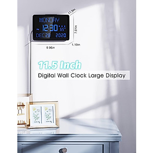 Digital Wall Clock, 11.5" Extra Large Display Calendar Alarm Day Clock with Date and of Week, Temperature,2 USB Chargers,3 Alarms, 5 Dimmer& 12/24Hr LED Desk for Office, Living Room, Bedroom, Elderly