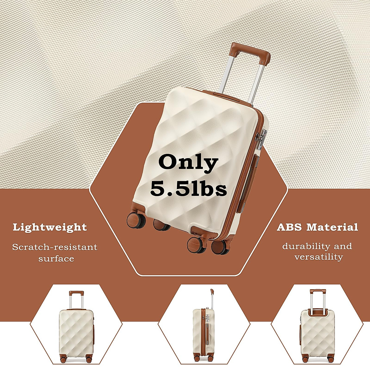 Somago 20 inch Carry On Luggage with Weekender Overnight Bag ABS Hardside Spinner Suitcase Built-In TSA Lock YKK Zipper，Beige