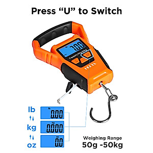 HEETA Waterproof Fish Scale Digital with Backlit LCD Display, 110lb/50kg Portable Hanging Scale Fishing Scale for Home and Outdoor, Measuring Tape and 2 AAA Batteries Included (Orange)